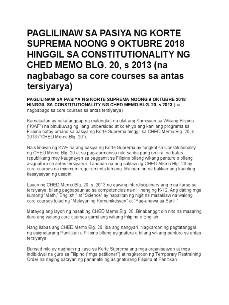 Paglilinaw Sa Pasiya NG Korte Suprema Noong 9 Oktubre 2018 Hinggil Sa Constitutionality NG Ched ...