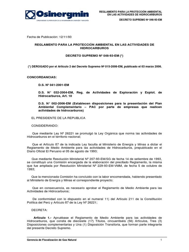 D.s-046-93-Em Reglamento para La Protección Ambiental en Las Actividades de Hidrocarburos PDF ...