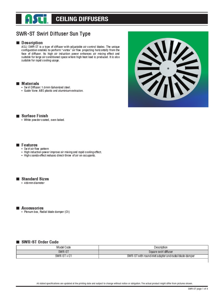 Ceiling Diffusers Ceiling Diffusers: SWR-ST Swirl Diffuser Sun Type | PDF | Mechanical Engineering