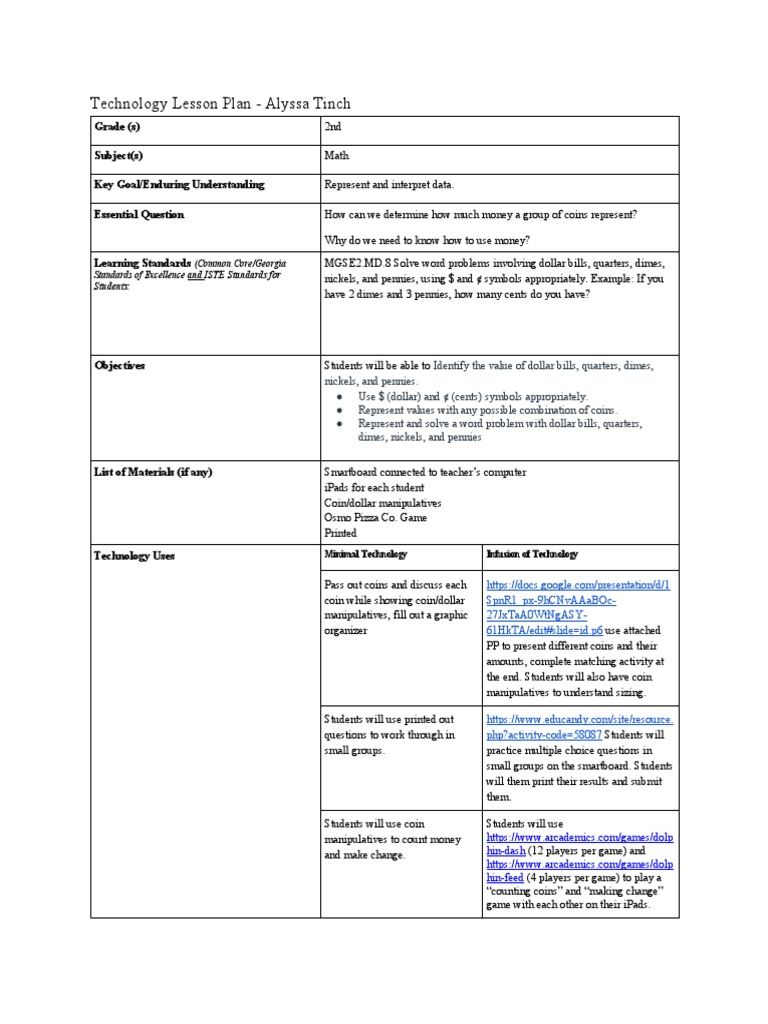Technology Lesson Plan - Alyssa Tinch: Grade (S) Subject(s) Key Goal ...