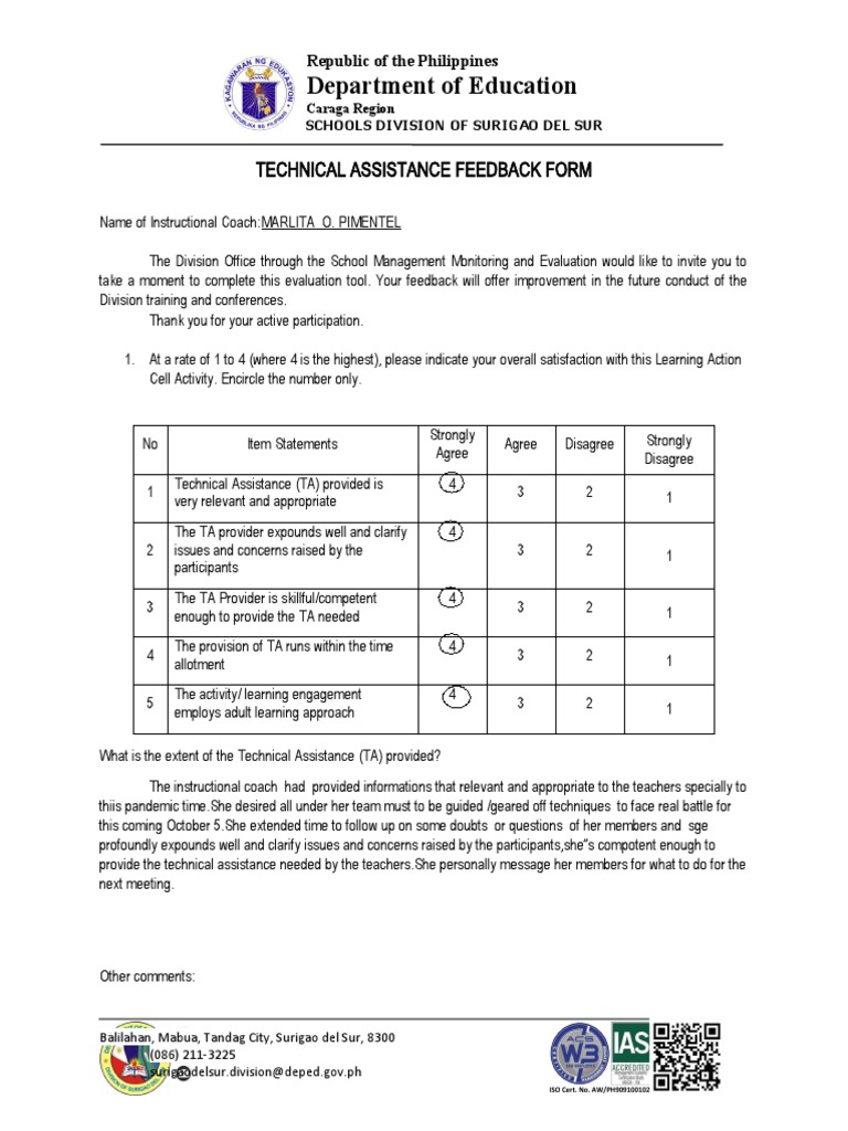 Department of Education: Technical Assistance Feedback Form | PDF ...