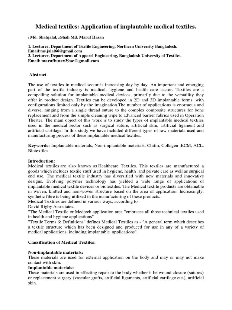 Medical Textiles: Application of Implantable Medical Textiles | PDF ...