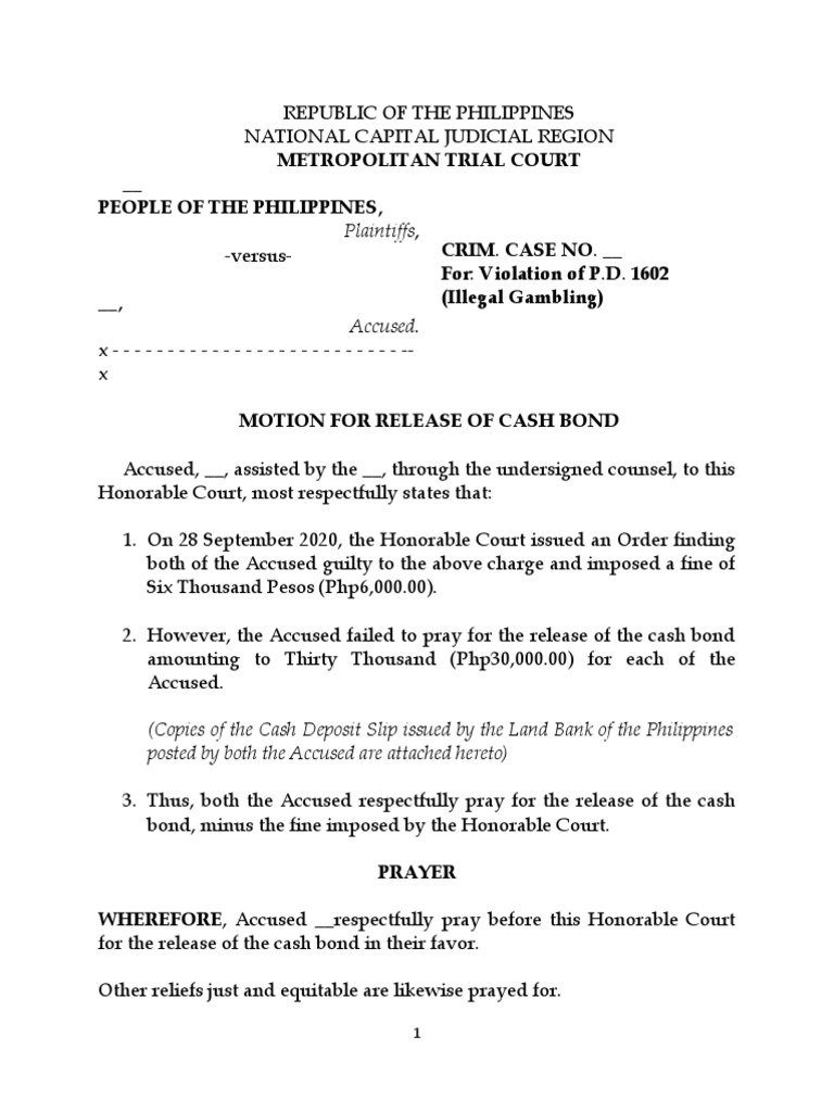 Motion for Cash Bond Release | PDF | Law