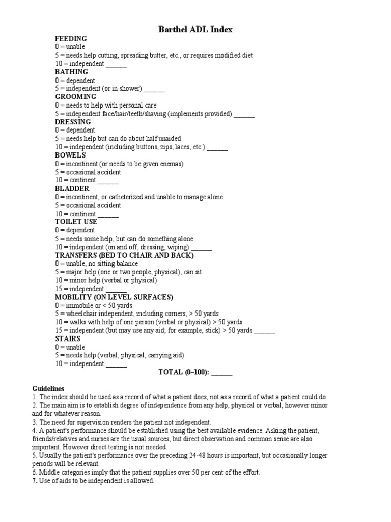Barthel ADL Index Scores Patient Independence Levels | PDF | Clinical ...