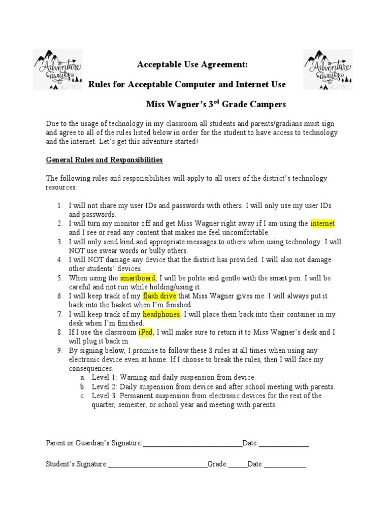 Acceptable Use Agreement: Rules For Acceptable Computer and Internet ...