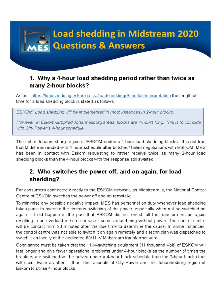 Load Shedding Q&A for Midstream 2020 | PDF | Electromagnetism | Power ...