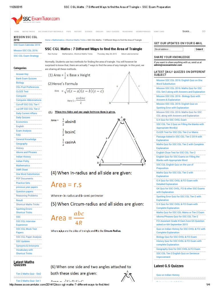 SSC CGL Maths: 7 Different Ways To Find The Area of Traingle | PDF ...