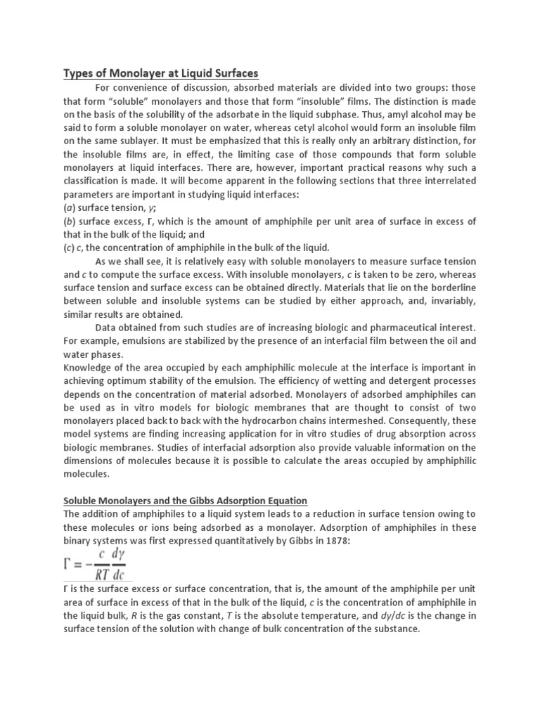Types of Monolayer at Liquid Surfaces: Soluble Monolayers and The Gibbs ...