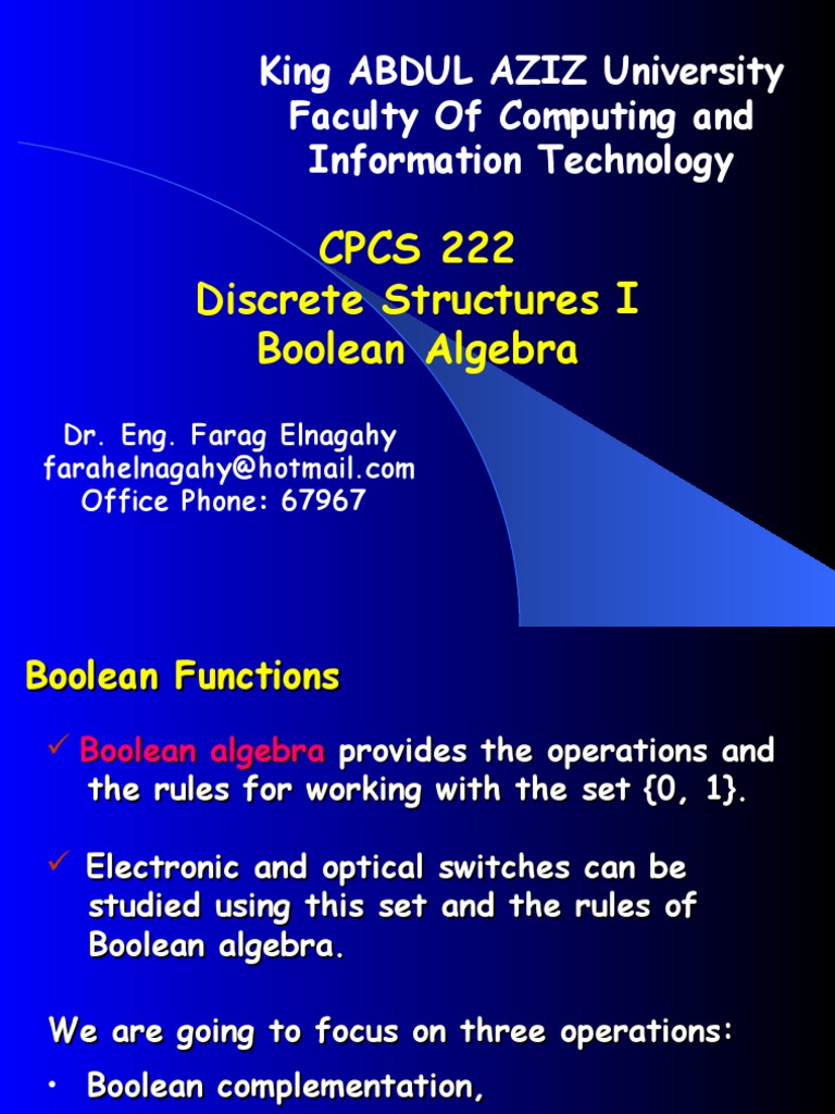 CPCS 222 Discrete Structures I Boolean Algebra | PDF | Boolean Algebra | Teaching Mathematics