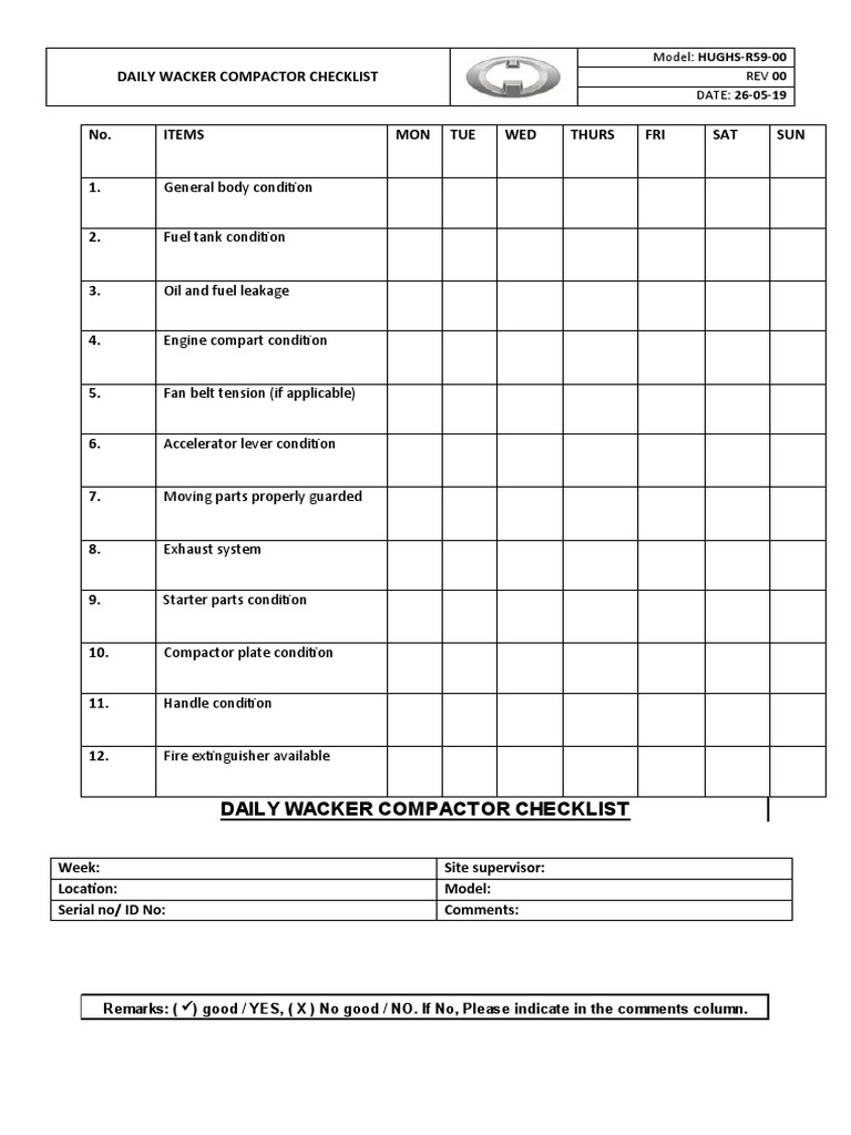 Daily Wacker Compactor Inspection Checklist | PDF