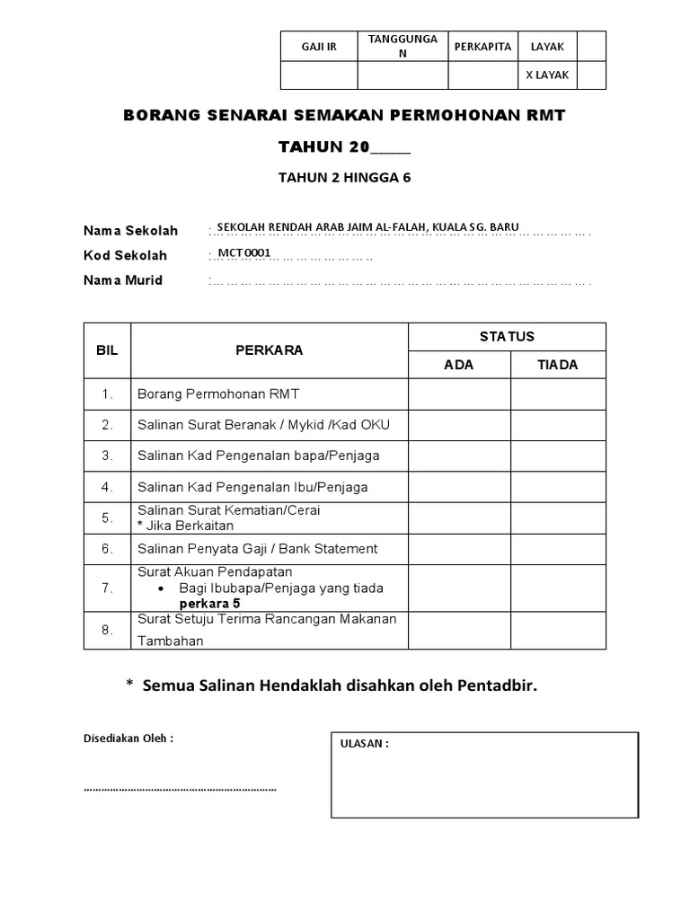 Senarai Semak Dokumen RMT | PDF