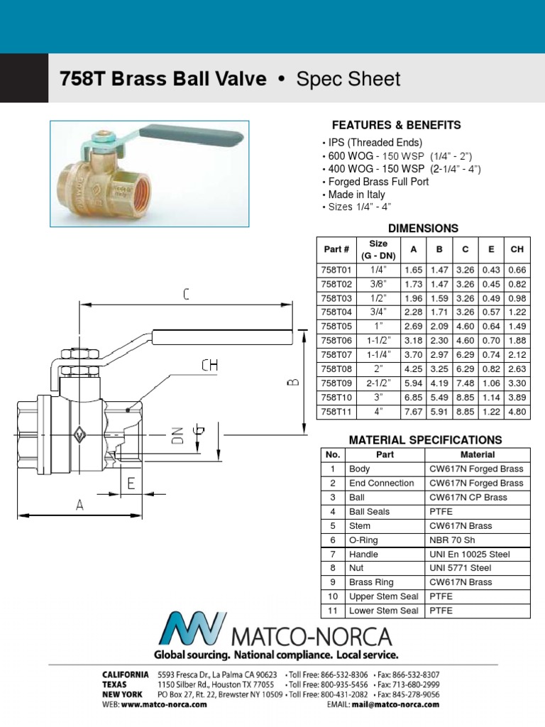 758T Brass Ball Valve - Spec Sheet: Features & Benefits | PDF | Valve ...
