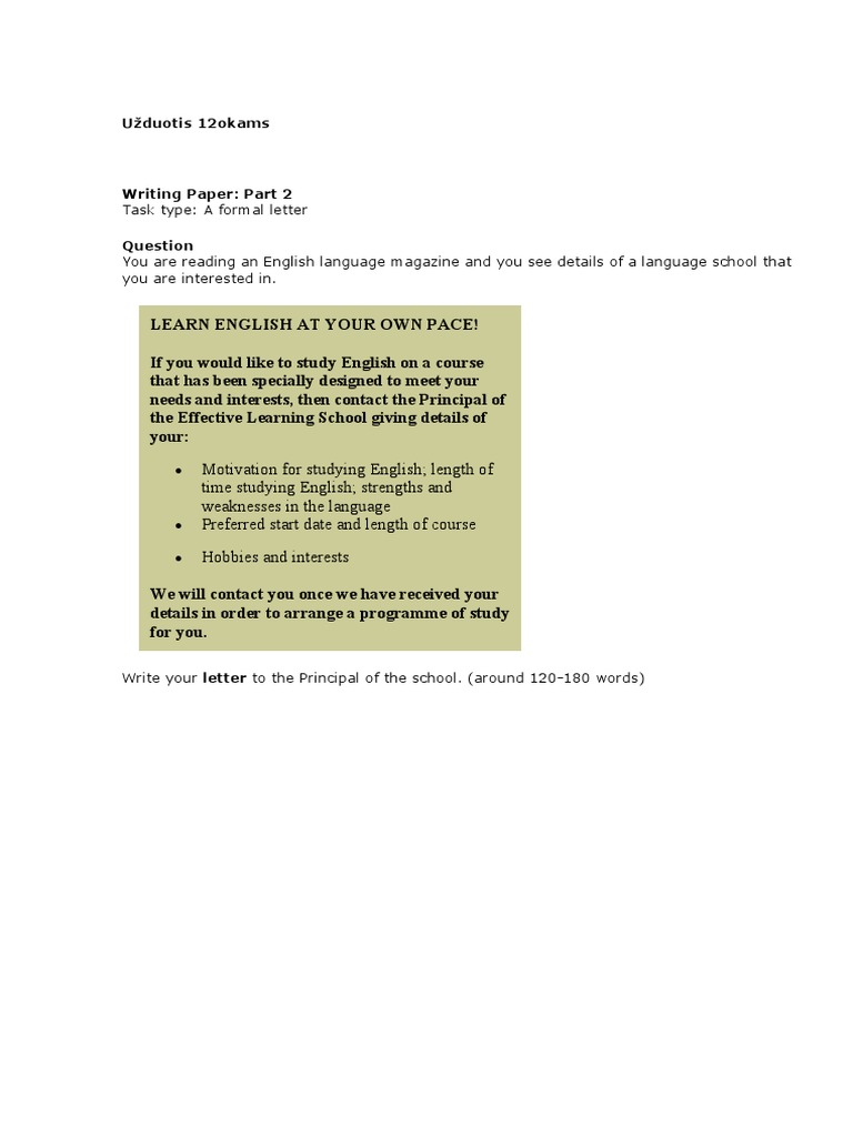 Learn English at your own pace - Letter to school principal | PDF