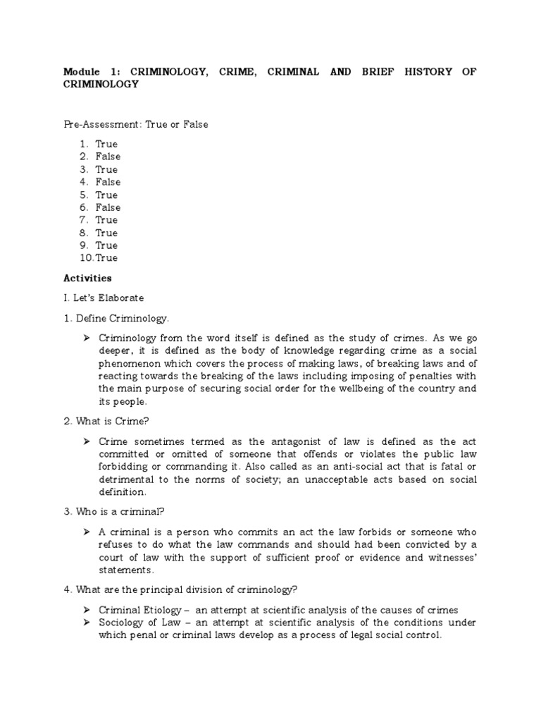 Module 1: Criminology, Crime, Criminal and Brief History of Criminology ...