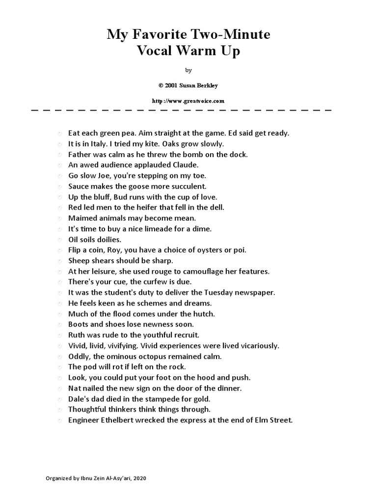 My Favorite Two-Minute Vocal Warm Up: © 2001 Susan Berkley | PDF
