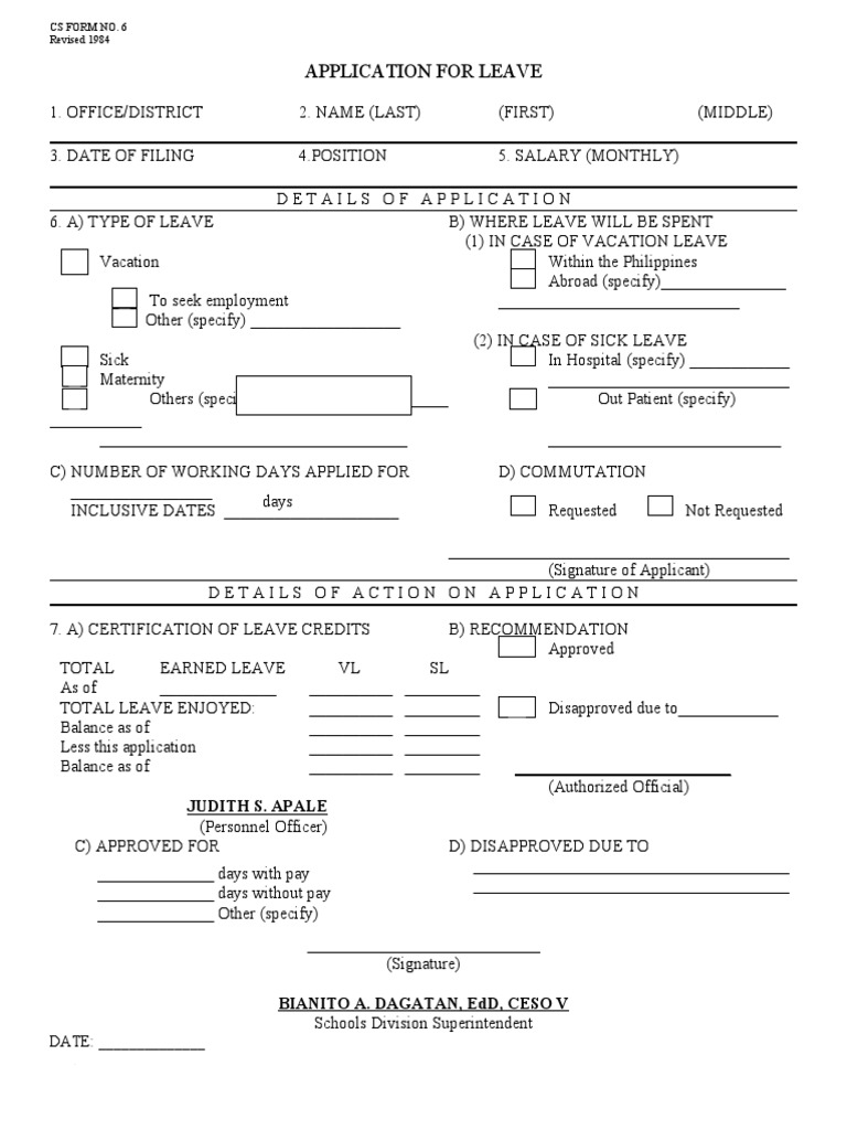Form 6 Leave Application Form | Download Free PDF | Government | Employment