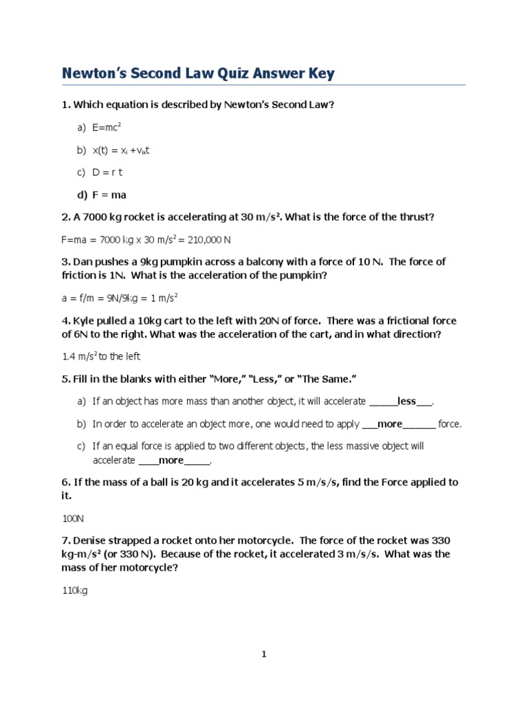 Newton's Second Law Quiz Answer Key | PDF