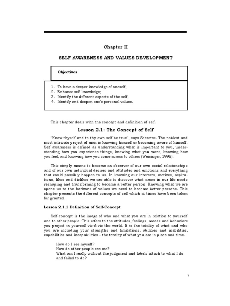 Self Awareness and Values Development: Objectives | PDF | Attitude ...