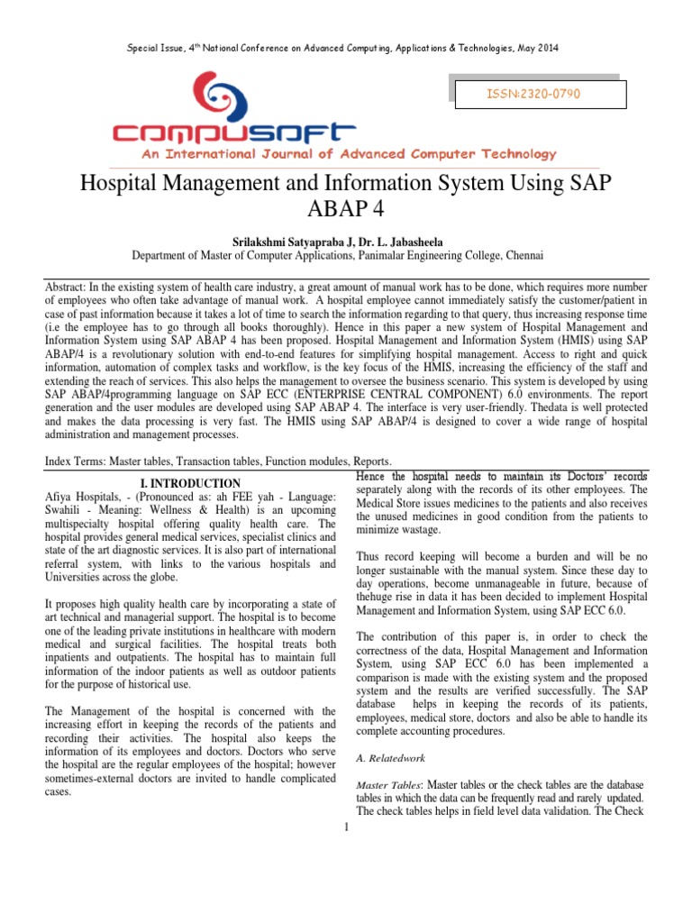 Hospital Management and Information System Using SAP Abap 4: Srilakshmi ...
