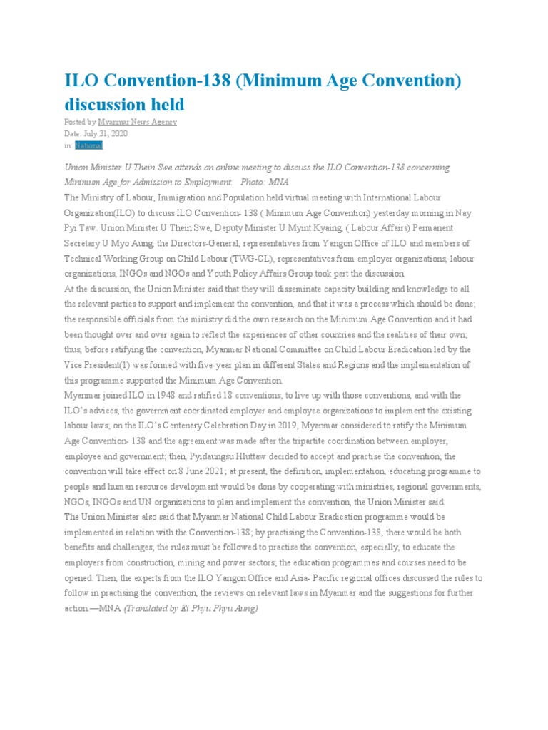 ILO Convention 138 - Myanmar Ratification | PDF | International Labour ...