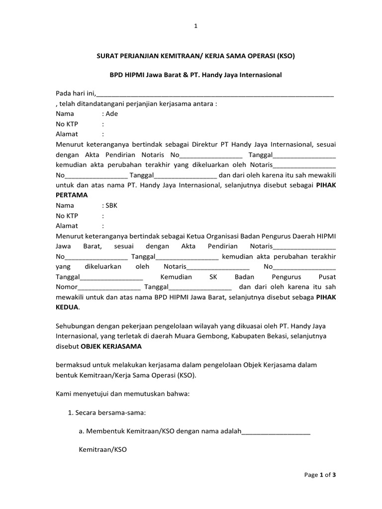 Contoh Draft Kso Hipmi Jabar | PDF | Bisnis | Pengelolaan Keuangan & Uang