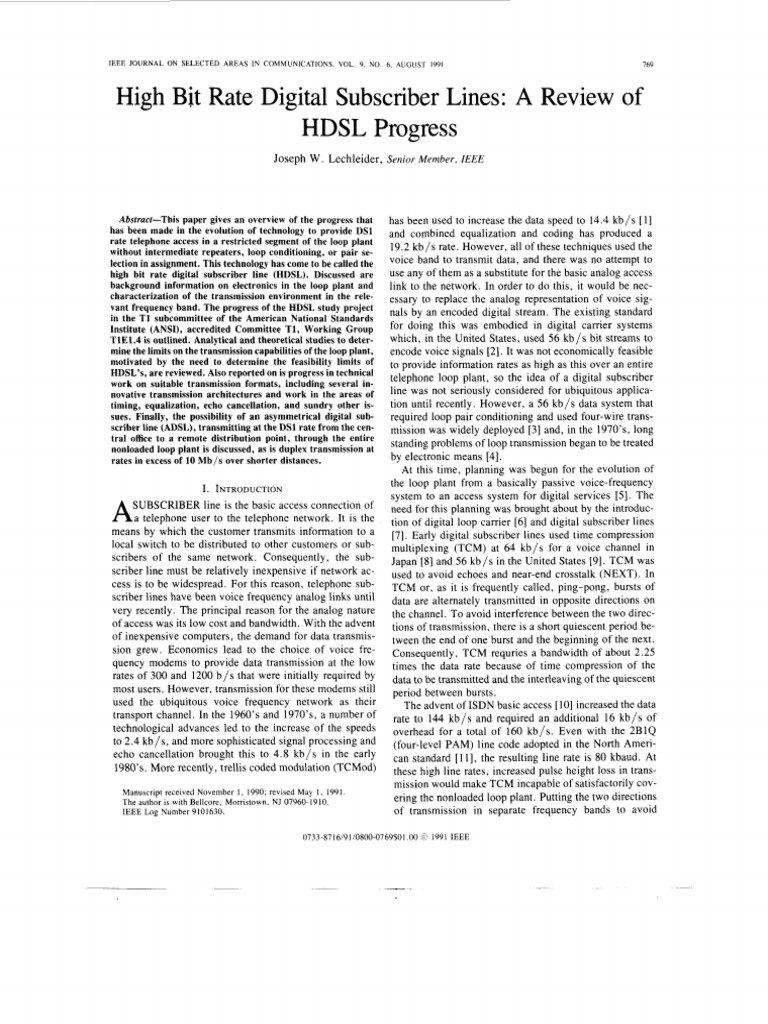 High Bit Rate Digital Subscriber Lines: Review of HDSL Progress | PDF ...