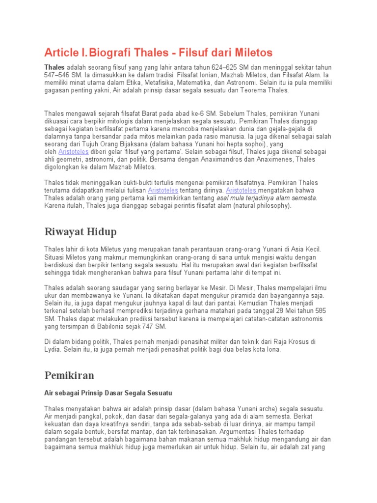 Thales: Filsuf Miletos, Pelopor Filsafat Alam | PDF