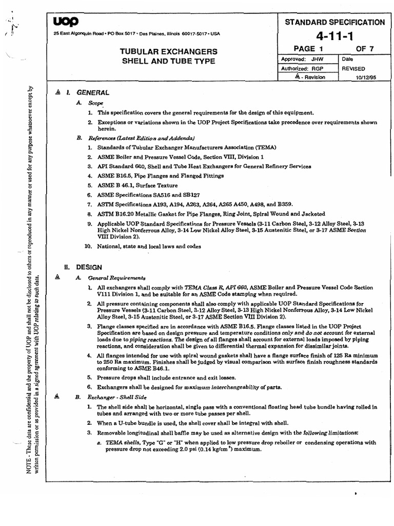 UOP 4-11-1 - Tubular Heat Exchangers - Shell and Tube Type | PDF
