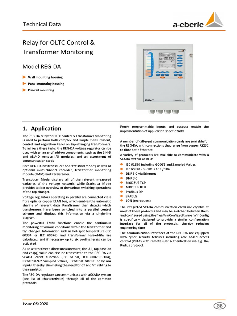 Relay For OLTC Control & Transformer Monitoring: Technical Data | PDF | Transformer | Scada
