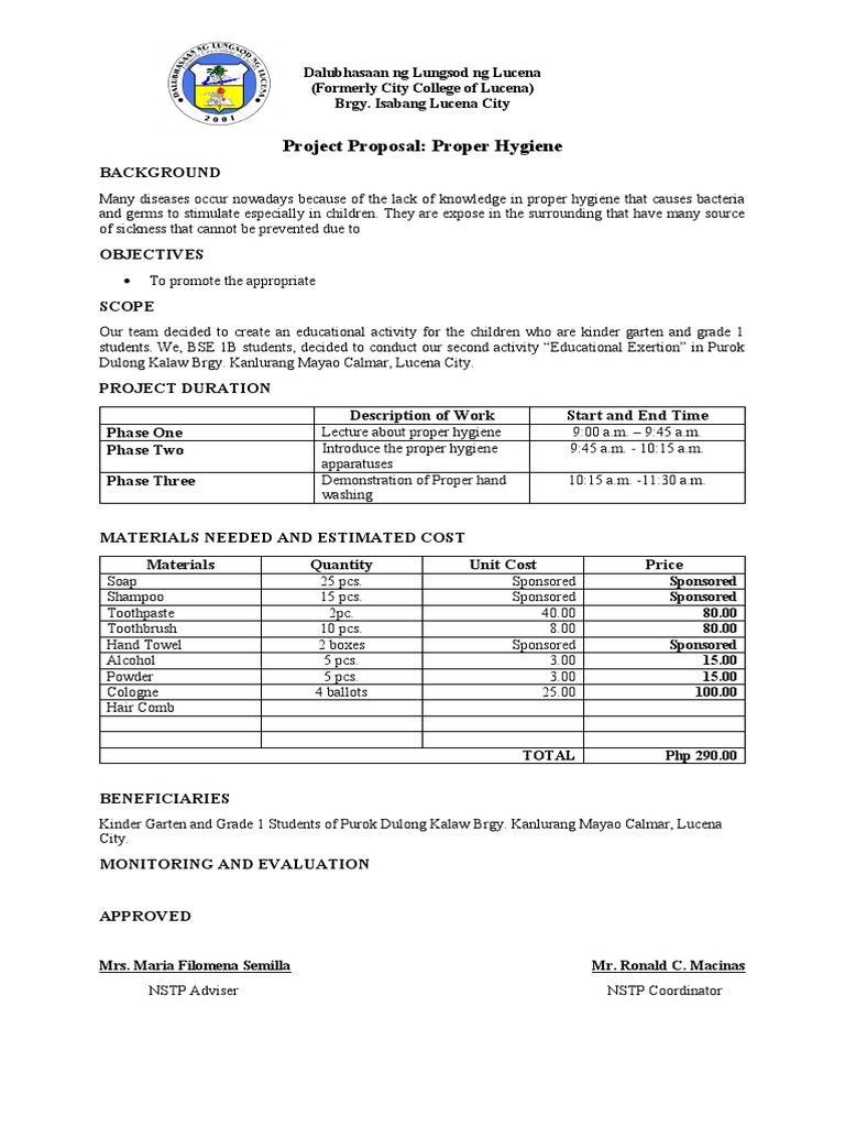 Proper Hygiene Project Proposal | PDF | Hygiene | Medical Specialties