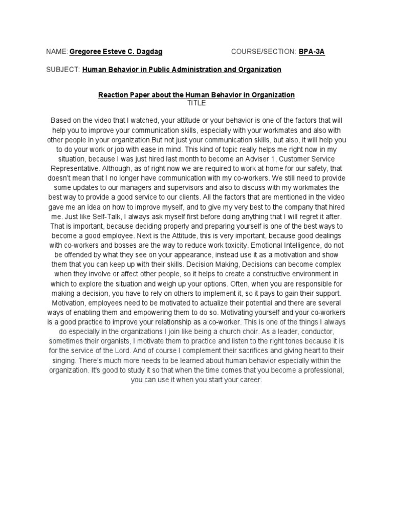 Reaction Paper Human Behavior | PDF | Behavior | Attitude (Psychology)