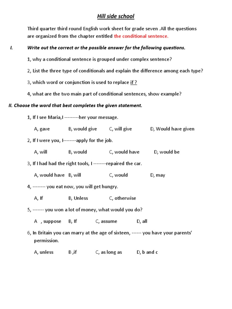 Grade 7 Conditional Sentences Worksheet | PDF