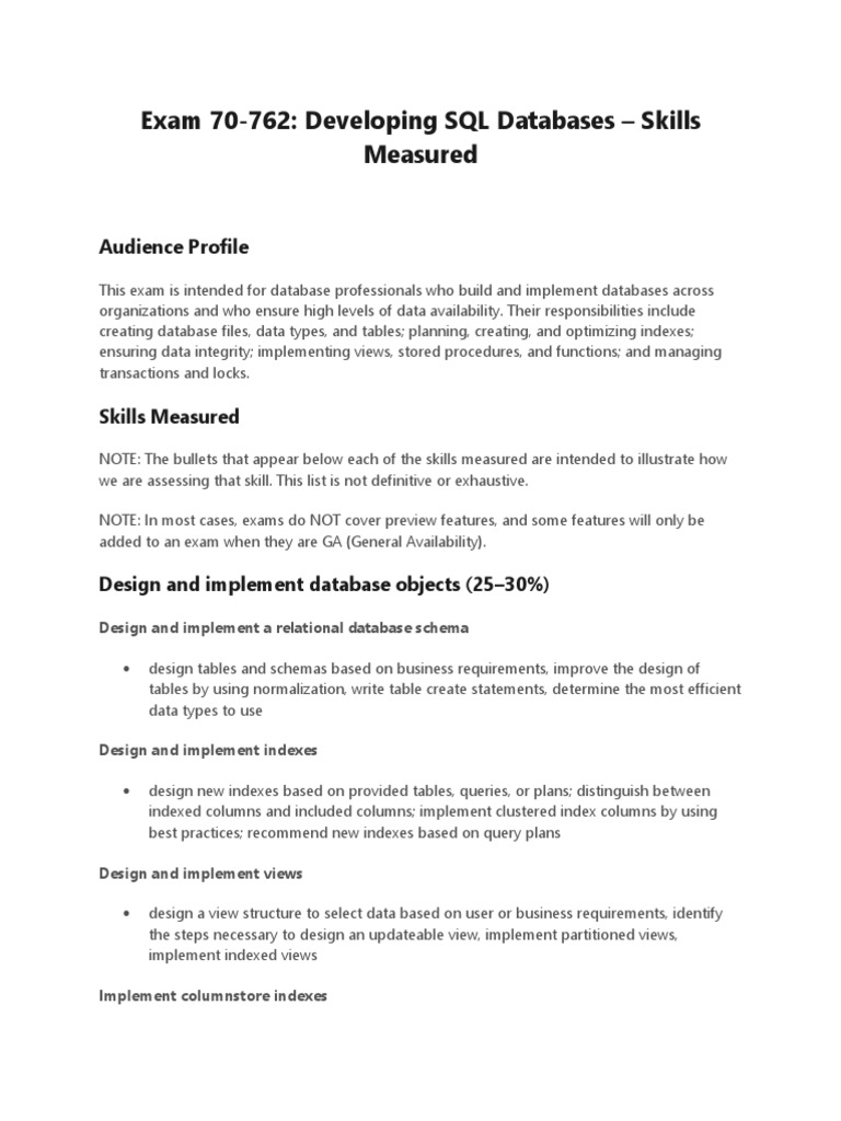 Exam 70-762: Developing SQL Databases - Skills Measured: Audience Profile | PDF | Database Index ...