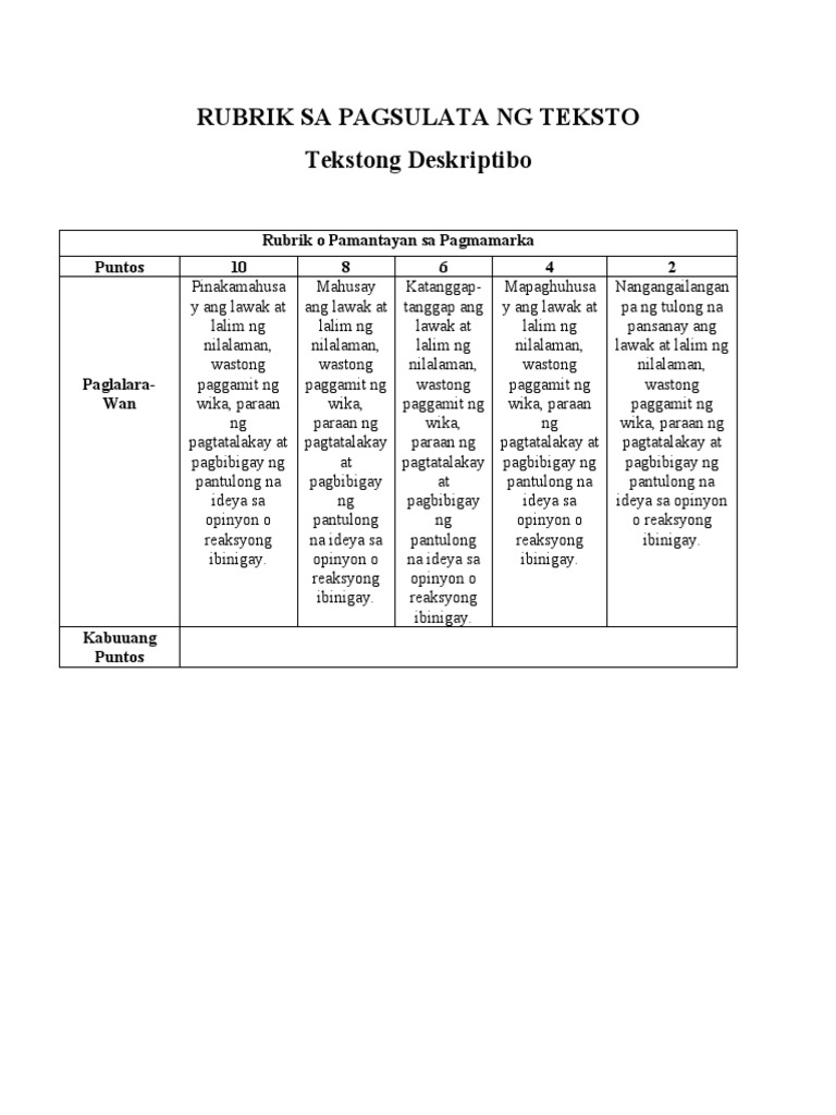 Rubrik Sa Pagsulat NG Teksto | PDF