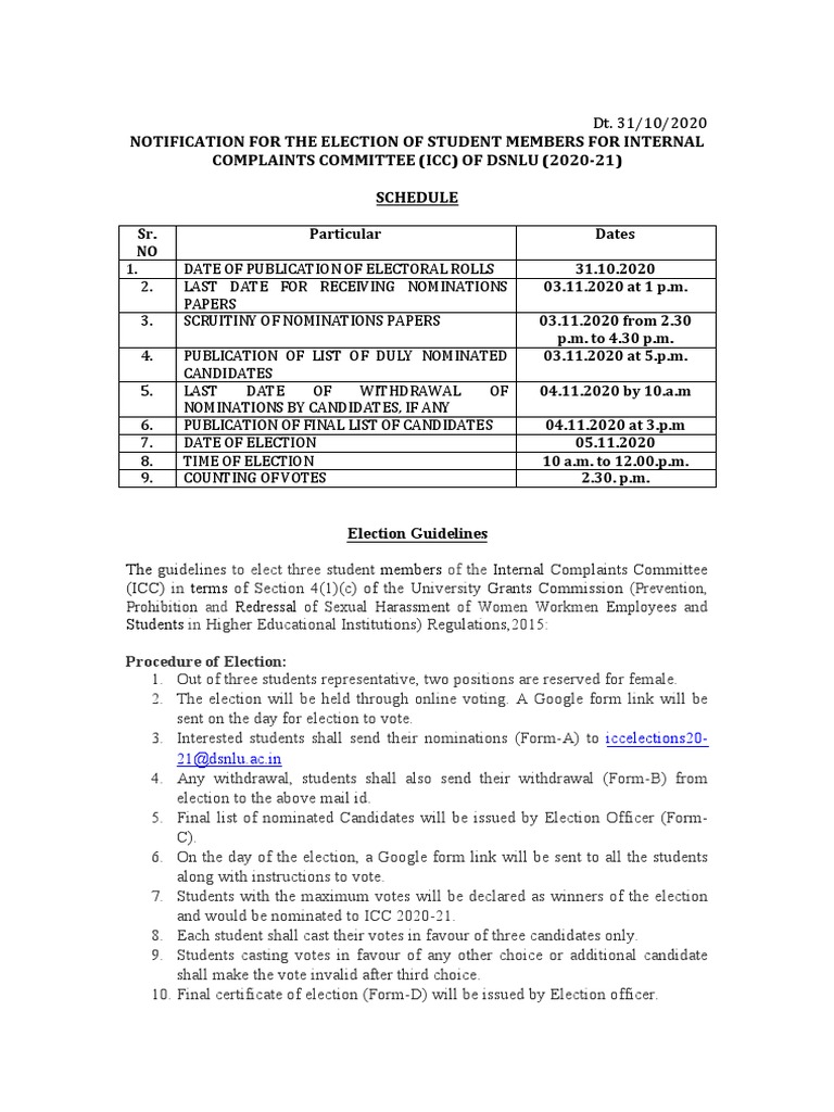 Notification For The Election of Student Members For Internal ...