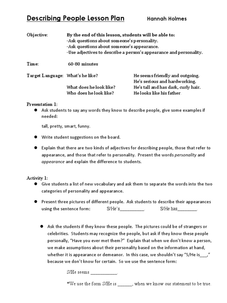 Describing People Lesson Plan | PDF | Question | Semiotics