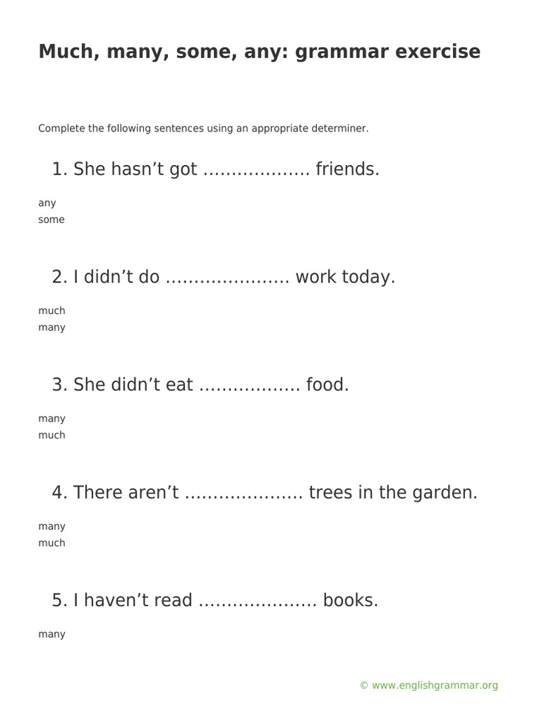 Much, Many, Some, Any - Grammar Exercise | PDF