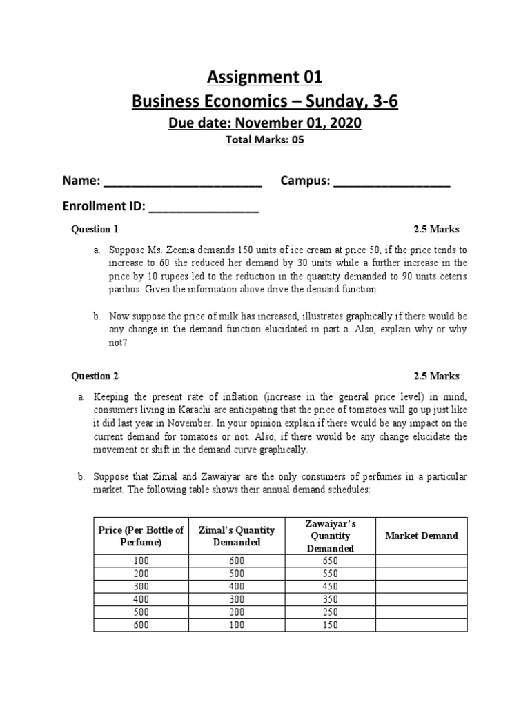 Assignment 01 Business Economics - Sunday, 3-6: Due Date: November 01 ...
