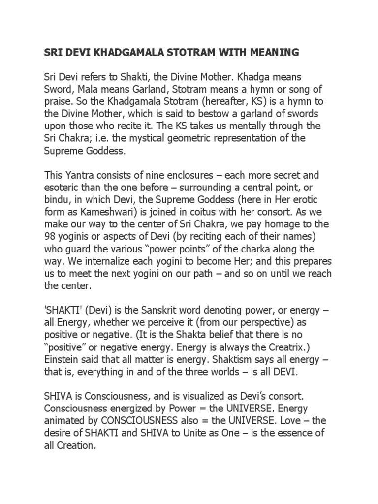 Sri Devi Khadgamala Stotram With Meaning | PDF | Devi | Gender And Hinduism