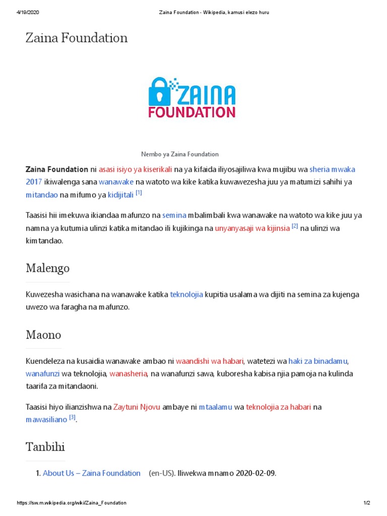 Zaina Foundation - Wikipedia, Kamusi Elezo Huru | PDF