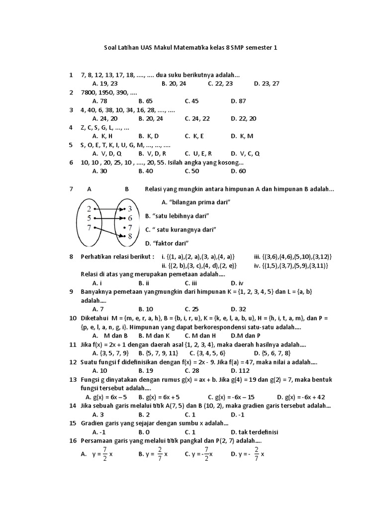 Soal Latihan UAS Makul Matematika Kelas 8 SMP Semester 1 | PDF