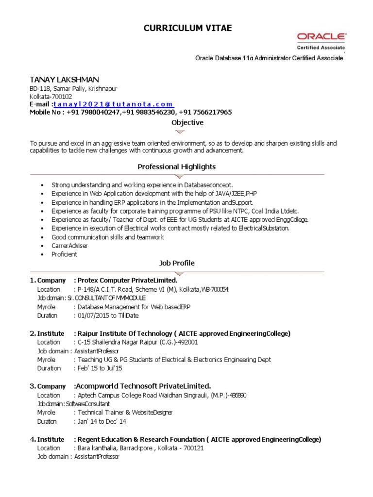 Curriculum Vitae: Tanay Lakshman | PDF | Oracle Corporation | Databases