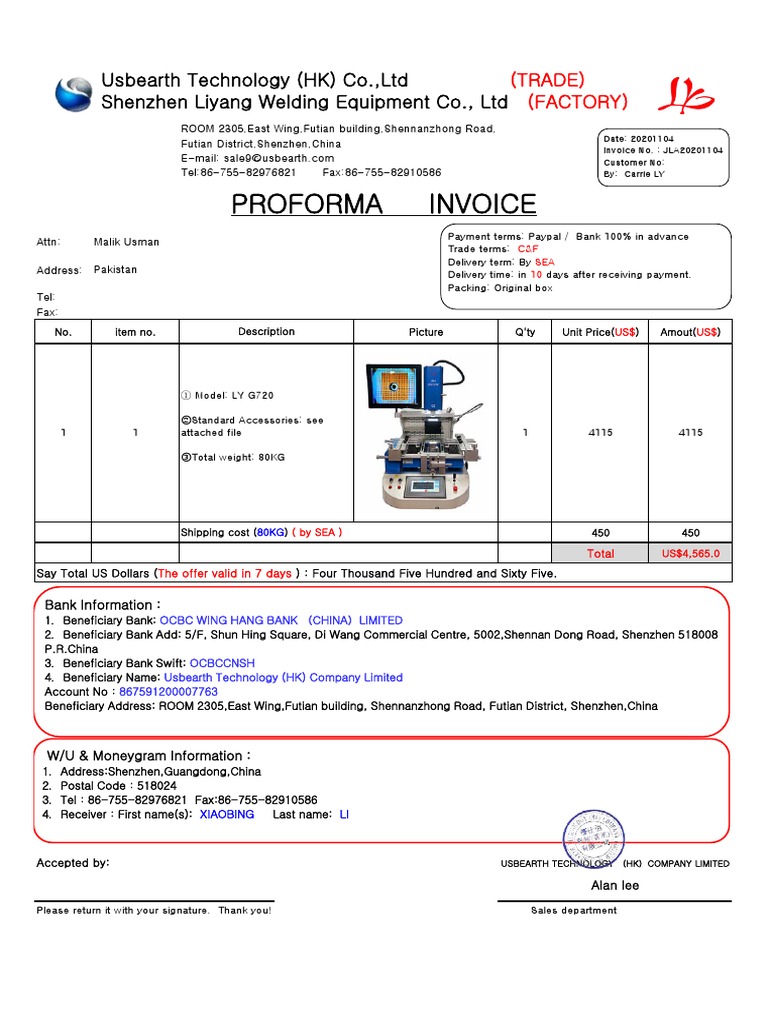 Proforma Invoice for Welding Equipment | PDF | Business | Science