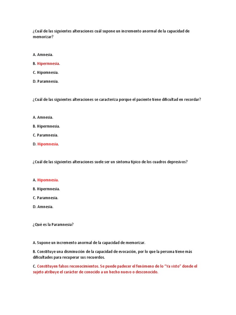 Tipos de alteraciones de la memoria: Amnesia, Hipermnesia, Hipomnesia, Paramnesia | PDF