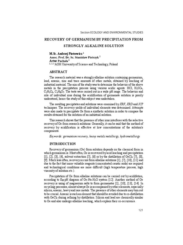 Recovery of Germanium by Precipitation From Strongly Alkaline Solution ...