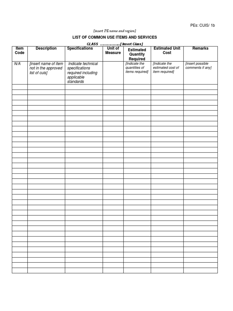 List of Common Use Items and Services | PDF