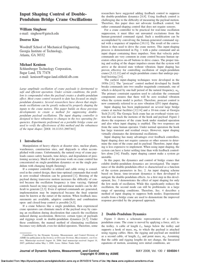 Input Shaping Control of DoublePendulum Bridge Crane Oscillations | PDF | Control Theory ...