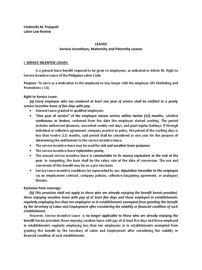 LEAVES Labor Law Review on Service Incentive and Maternity-Paternity ...