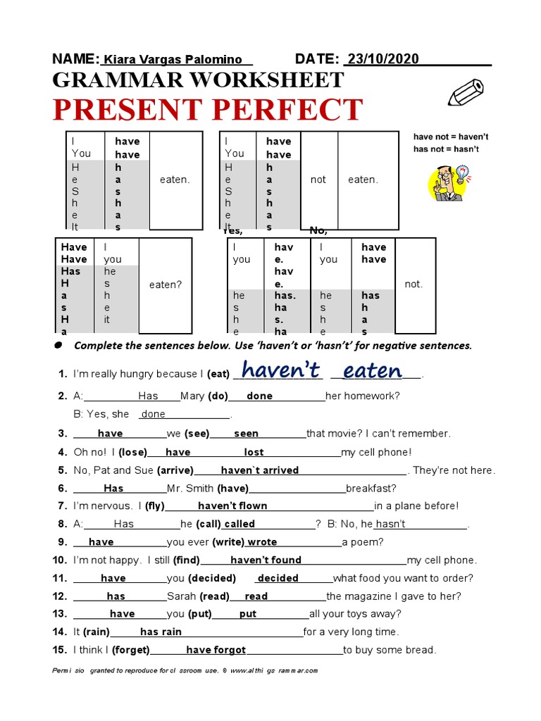 Present Perfect: Grammar Worksheet | PDF | Foods