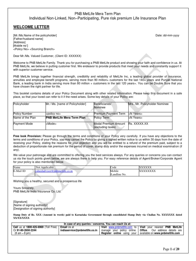 PNB MetLife - Mera Term Plan - Policy Document - tcm47-27640 | PDF ...